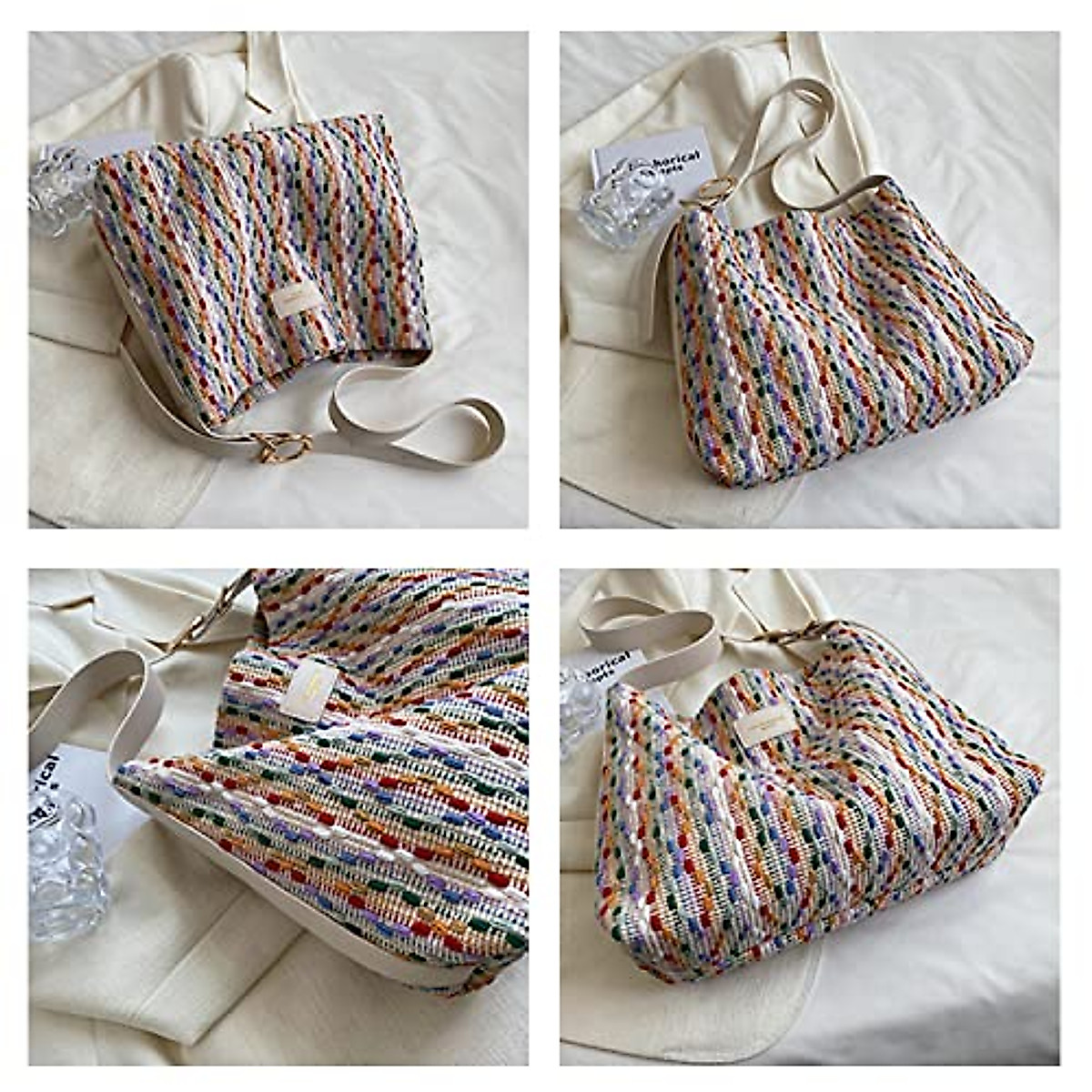 QTKJ Tote Bag, Canvas Shoulder Bag Leather adjustable shoulder straps Crossbody Bag, Large Size Canvas Tote Designer Tote Bag for women Vacation, Travel, Daily and Work（White）