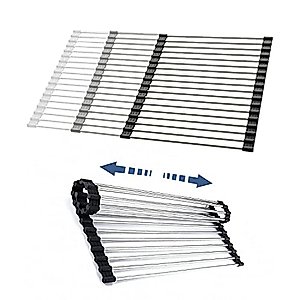 CHIRISEN Adjustable Large Roll Up Dish Drying Rack 12.8" X20.6" Collapsible Over The Sink Rack Non-Slip Silicone Rolling Dish Drainer SUS304 Stainless Steel Roll Rack for Kitchen Counter Organizer