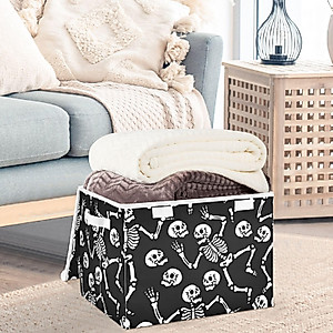 CaTaKu Skull Black Storage Bins with Lids,Halloween Fabric Large Storage Container Cube Basket with Handle Decorative Storage Boxes for Organizing Clothes Shelves