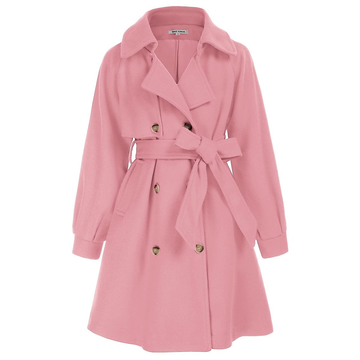 GRACE KARIN Girls Wool Blend Pea Coat Lapel Dress Coat Jackets with Pockets Belt Pink 12Y