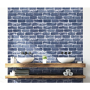 Timeet Brick Wallpaper Peel and Stick Wallpaper Blue Self-Adhesive Wallpaper 17.7" x 197" Removable Wallpaper Faux Brick Wallpaper for Bedroom Living Room Decor Vinyl Roll