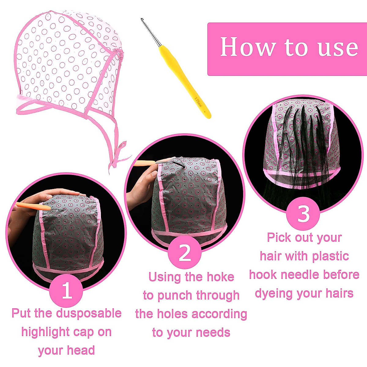 Waydress 6 Pieces Highlight Hair Cap Salon Hair Coloring Highlighting Dye Tipping Cap Frosting Caps with 4 Pieces Highlighting Needles Crochet Hooks for Dyeing Hairdressing Tool(Purple/Blue/Pink)