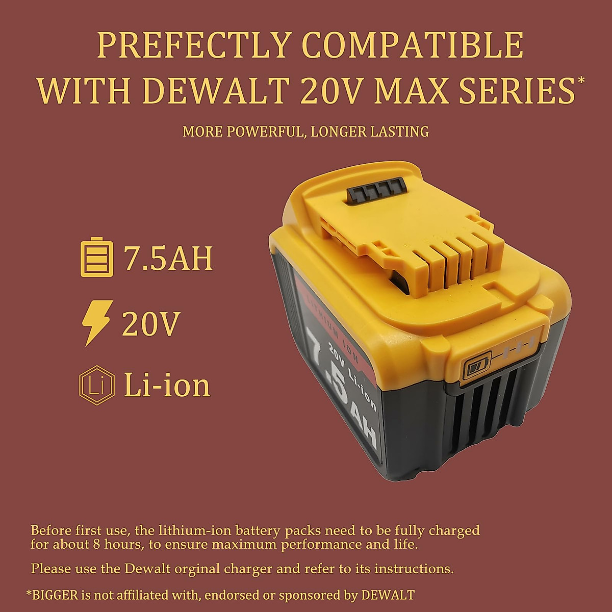 20V 7.5Ah Battery Replacement for Dewalt 20V MAX XR Battery, Compatible wiht DCB205 DCB206 DCB204 DCB203 DCB208, used for DeWalt 20V Cordless Power Tools, 1 Pack