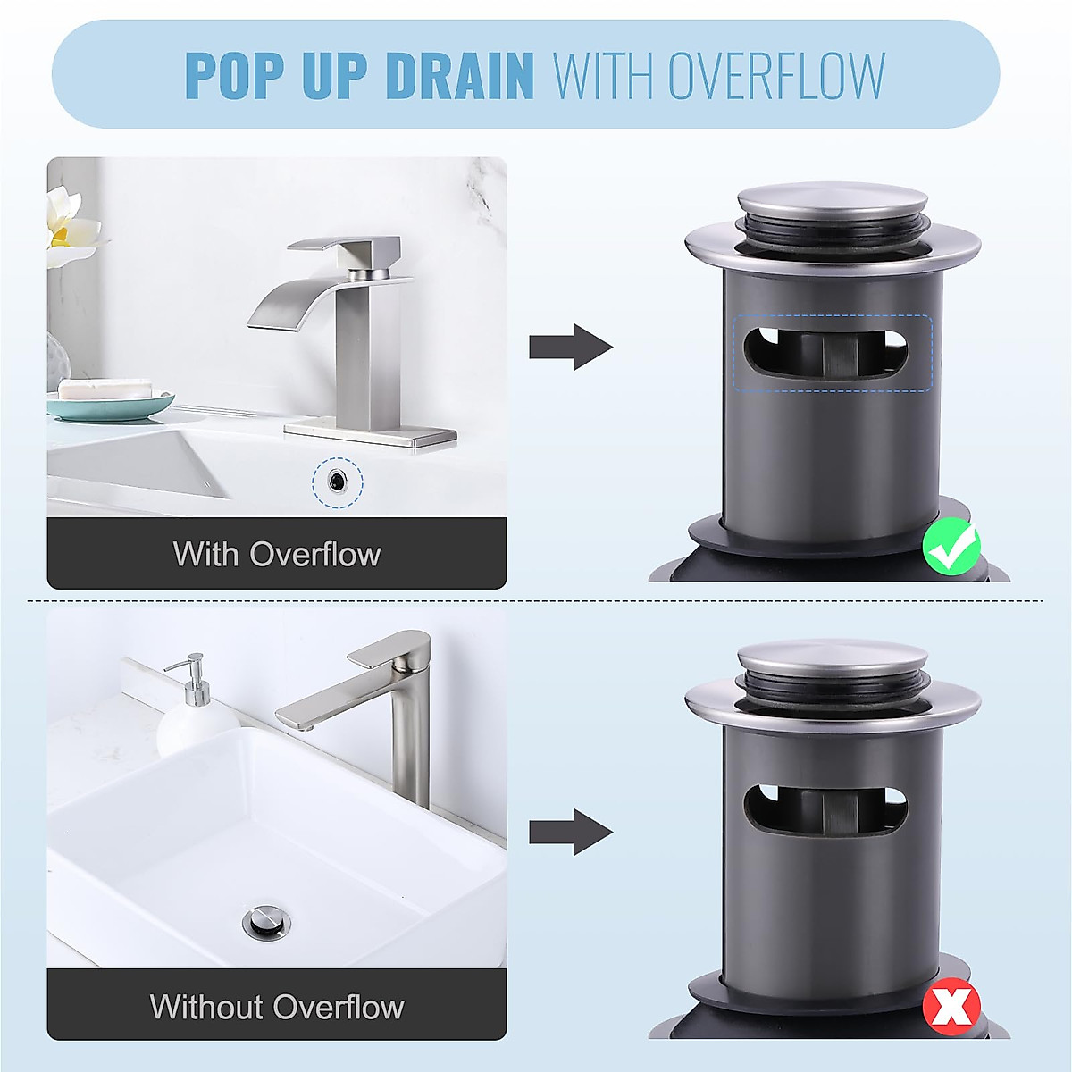 ALEASHA Bathroom Sink Drain with Overflow Vessel Sink Stopper,Pop Up Drain for Bathroom Sink Pop Up Drain Stopper for Hair Catcher,Brushed Nickel