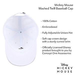 Disney Mickey Mouse Embroidered Cotton Adjustable Dad Hat with Curved Brim, White Washed, One Size
