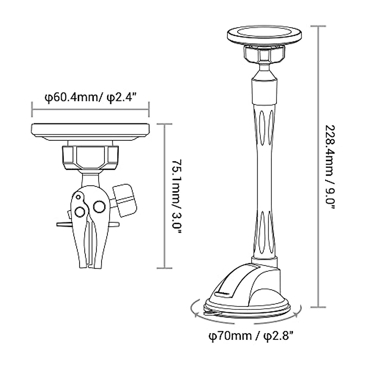 PROfezzion Suction Cup & Vent Clip Combo Magnetic Phone Holder Compatible with MagSafe on Car Windshield, Dash or Vent for iPhone 15 14 13 12 Pro Max Plus, Mag-Safe Case & All Phones [Aluminum Rod]