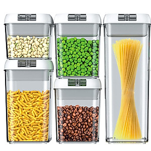 Airtight Food Storage Containers Set with Lids 5 Units Sets for Kitchen Pantry Organization and Storage, Leak-Proof Stackable Canister, include Measuring Spoon & Labels (White, 5)