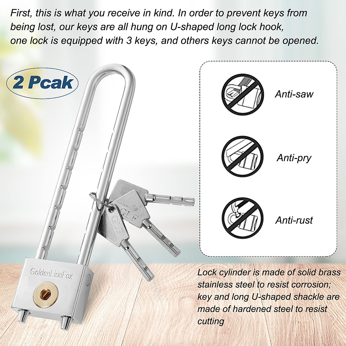 Photect 2 Pack Long Shackle Padlock with Key 2 Inch Solid Brass Removable Adjustable Length Silver Shackle for Gates, Cabinets, Safe Boxes, Bike Lock