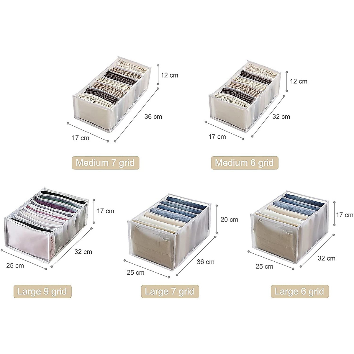 Aoser Wardrobe Clothes Organizer（5pcs）, 7 Grids Washable Wardrobe Clothes Organizer, Jeans Compartment Storage Box, Closet Organizers (1 Set of Mix)