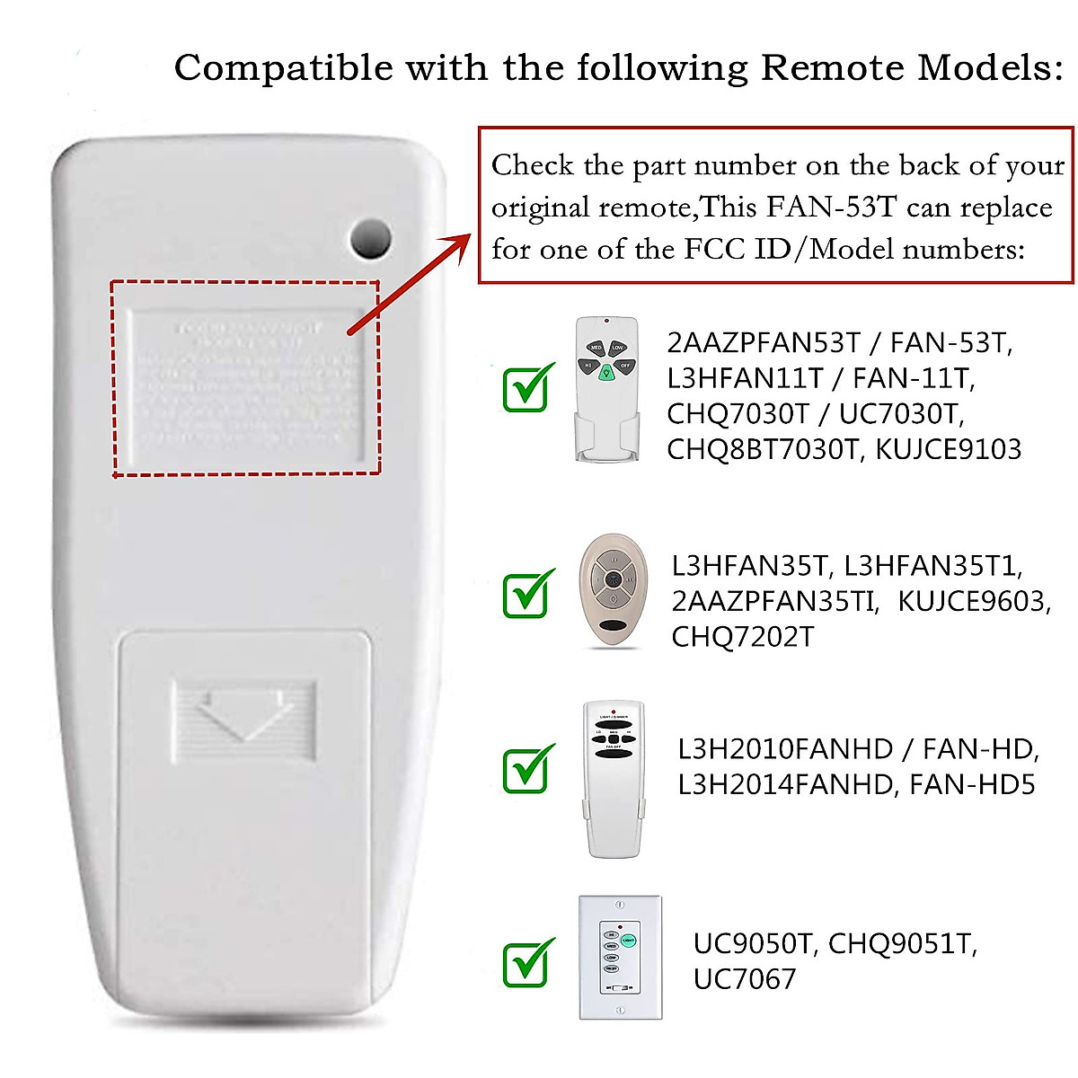 FAN-53T Ceiling Fan Remote Control Replacement for Hampton Bay Hunter Harbor Breeze Allen+Roth Replace 2AAZPFAN53T CHQ8BT7030T CHQ7030T UC7030T FAN53T FANHD L3HFAN35T (White 2 * 5 * 1INCH)