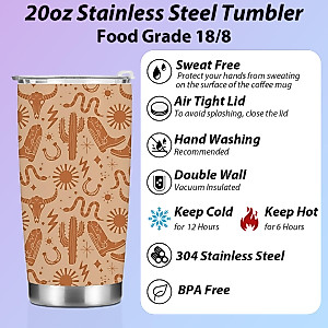 Birthday Christmas Presents Boho Western Coffee Tumbler, 20 oz Insulated Stainless Steel Travel Mug, Thermal Cup, Cow Stuff Gifts for Women Girl