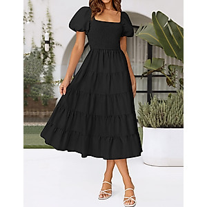 ZESICA Women's 2024 Summer Square Neck Short Puff Sleeve Solid Color High Waist Casual Smocked Flowy A Line Tiered Midi Dress
