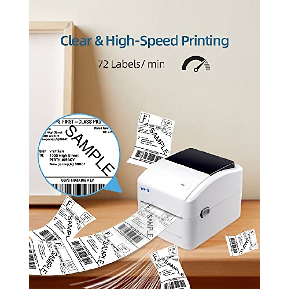 vretti Thermal Label Printer, 4x6 Thermal Shipping Label Printer for Shipping Packages and Small Business, 152mm/s Desktop Barcode Printer Machine for Amazon Ebay Etsy Shopify on Windows& Mac