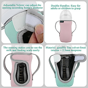 Beautyflier Set of 2 Reusable Glass Baby Bottle Insulator Adjustable Sleeves with Double Handles Neoprene Holder for Philips Avent Natural (8-9 Ounce, Pink+Green)
