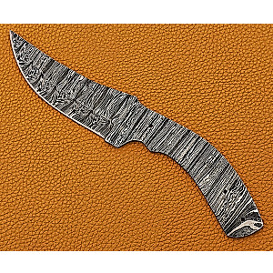9.25 inches long trailing point blank blade skinning knife, hand forged Ladder Pattern Damascus steel blade, 4.5" scale with 3 Pin hole, 4.25" trailing point blade with 4" cutting edge