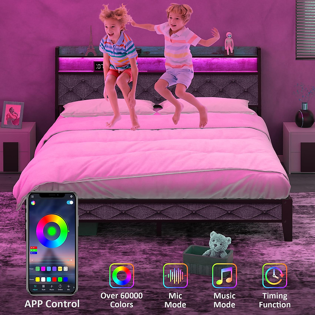 Winkalon Queen Bed Frame with Ergonomic Headboard, Platform Bed Frame with RGB Lights, Outlets & Charger, Fast Assembly Bed Queen Size, Modern Wood Upholstered Headboard,Gray