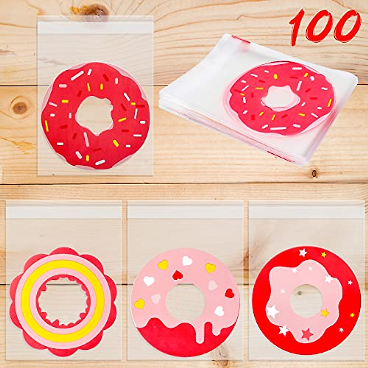 Konsait 100Count Donuts Cookie Candy Treat Bags Self-Adhesive Sweets Biscuit Dessert Bags Plastic Bags Packaging Donuts Cellophane Gift Goody Bags for Children's Day Party Favors Supplies