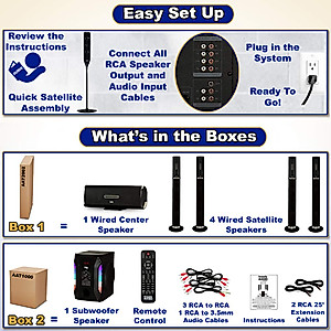 Acoustic Audio AAT1002 Bluetooth Tower 5.1 Home Speaker System with Powered Sub and 2 Extension Cables