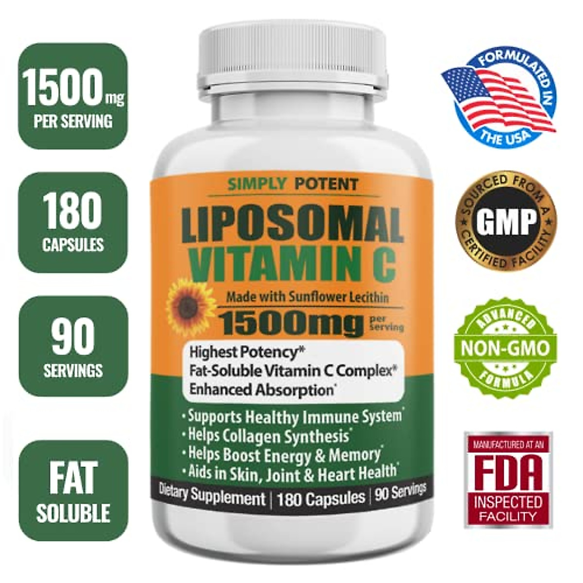 Liposomal Vitamin C 1500mg, 180 Capsules, Enhanced Absorption Fat Soluble Ascorbic Acid VIT C, Liquid Liposomal Vitamin C Alternative, High Dose Supplement for Immune, Collagen, Heart & Brain Support