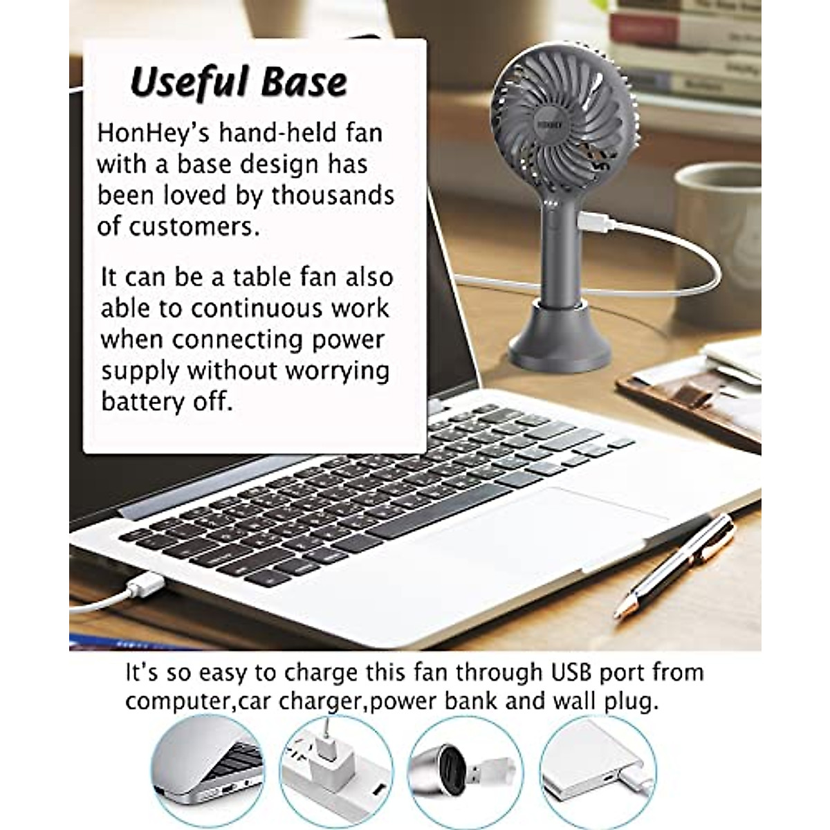 HonHey Handheld Fan Portable, Mini Hand Held Fan with USB Rechargeable Battery, 4 Speed Personal Desk Table Fan with Base, 3-10 Hours Operated Small Makeup Eyelash Fan for Women Girls Kids Outdoor