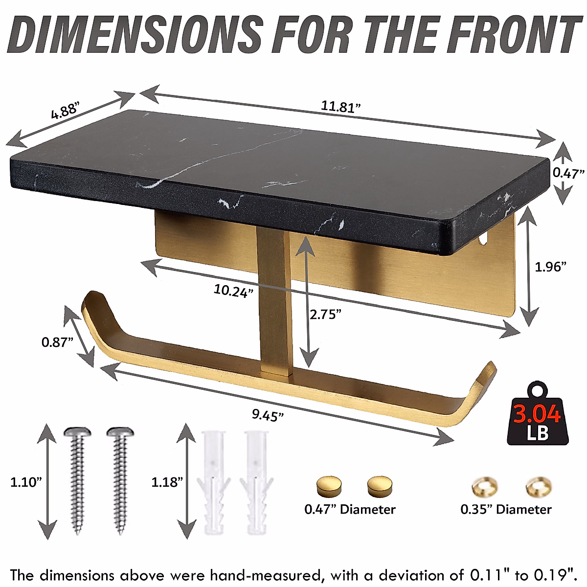 Toilet Paper Holder with Shelf (Natural Black Marble & Gold) - Wall Mounted Toilet Paper Storage, Easy to Install