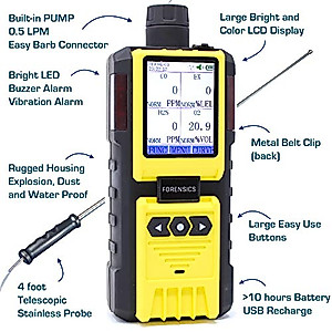 4 Gas Monitor by Forensics | Built-in Pump Multi Gas Meter | O2, CO, H2S, LEL | Color Display & Graphing | USA NIST Calibration | Computer Data Logging |