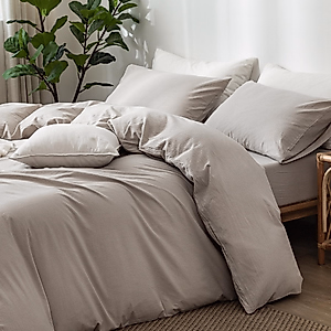 MooMee Bedding Duvet Cover Set 100% Washed Cotton Linen Like Textured Breathable Durable Soft Comfy (Cream Grey, King)