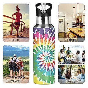Insulated Water Bottle with Straw Lid for Kids and Drivers,Sports and Travel Reusable Double Wall Vacuum-Insulated Stainless Thermos with Wide Handle,BPA-Free,21-Ounce (600ml),Tie Dye