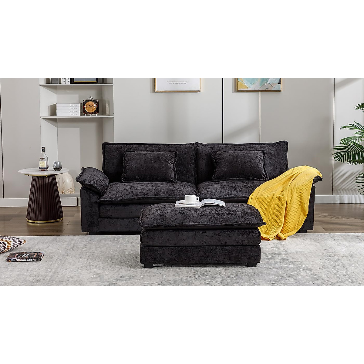 Oprisen 85.4” Comfy Cloud Chenille Sofa Couch, Cozy Deep Seat Sectional Sofa w/Chaise, Upholstered Modern L-Shaped Modular Loveseat for Livingroom Bedroom Apartment Office Office (Black)