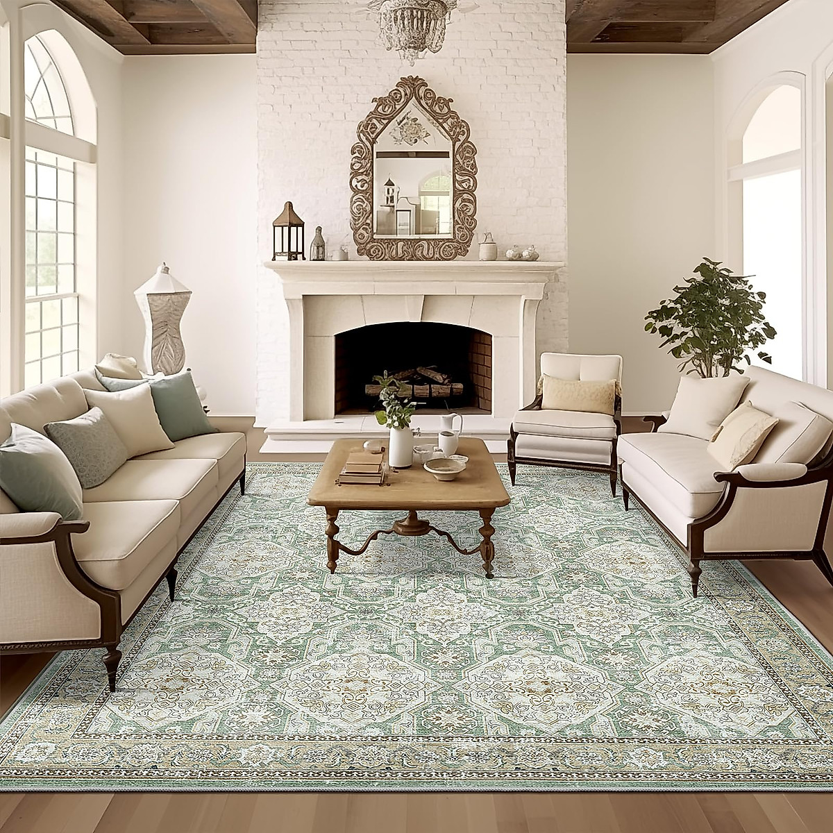 Soalmost 8x10 Area Rugs, Washable Rugs, Large Stain Resistant Area Rug for Living Room Bedroom Dining Room, Vintage Farmhouse Rug Green