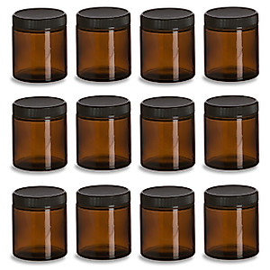 North Mountain Supply 6 Ounce Amber Glass Straight Sided Mason Canning Jars - with 63mm Black Plastic Lids - Case of 12