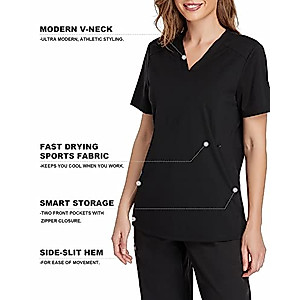 COMENII Scrub Tops for Women, Two Pocket Sporty Quick-Dry Stretch V-Neck Workwear, Anti-Wrinkle Medical Scrubs for Women(Black L)