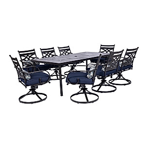 Hanover Montclair 9-Piece Outdoor Dining Set, 8 Swivel Rocker Chairs with Comfortable Seat and Lumbar Cushions, 84"x42" Stamped Rectangle Table, All-Weather Patio Dining Set for 8 for Backyard, Patio