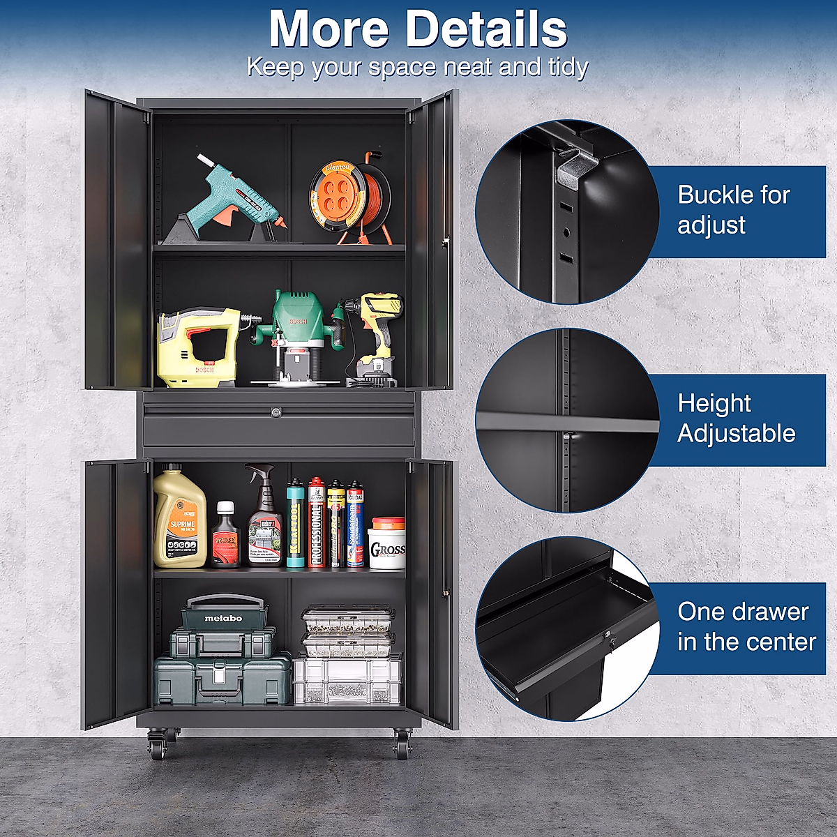 AFAIF Black Metal Storage Cabinet with Wheels, 73" Tall Garage Rolling Storage Cabinet with Doors and Shelves, Lockable Tool Cabinet Steel Locking Cabinets for Home Office, Garage, Pantry