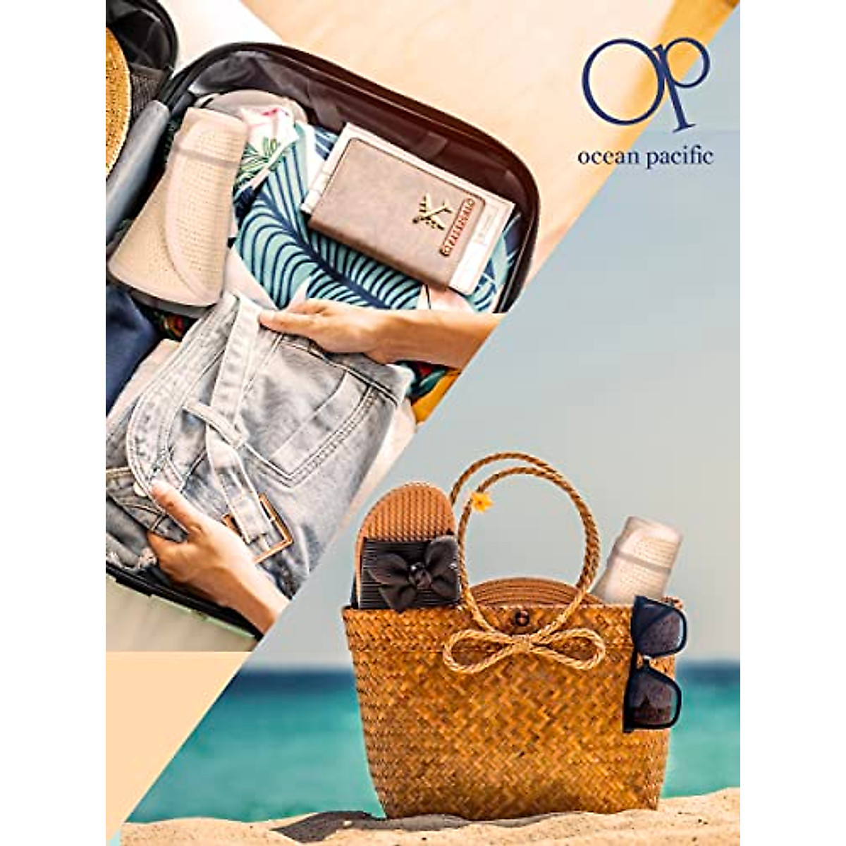 Ocean Pacific Beach Roll Up Straw Sun Hat Visor for Women, Sun Protection UPF 50 (White)