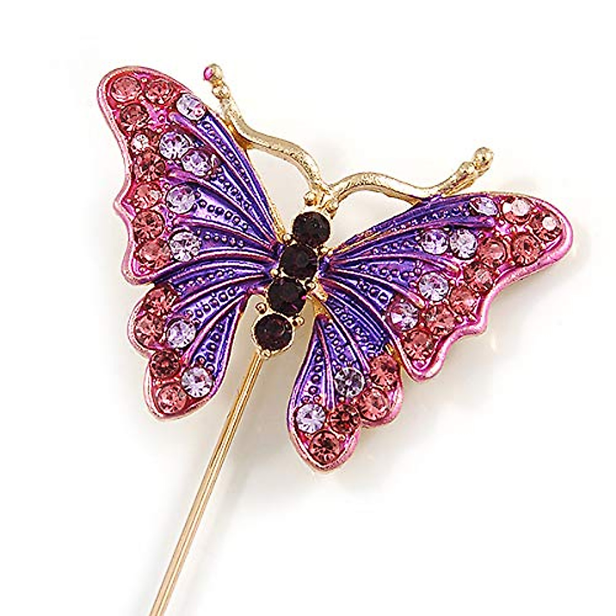 Gold Tone Pink/Purple Enamel Crystal Butterfly Lapel, Hat, Suit, Tuxedo, Collar, Scarf, Coat Stick Brooch Pin - 63mm Long