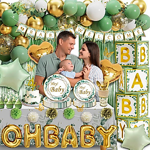 Sage Green Baby Shower Decorations,All In One Set,Neutral Baby Shower Supplies Kit, With 4 Balloon Blocks,12 Tableware Sets, Disposable Plates, "OH BABY" Balloons,Sage Baby Shower Tablecloth, Toppers