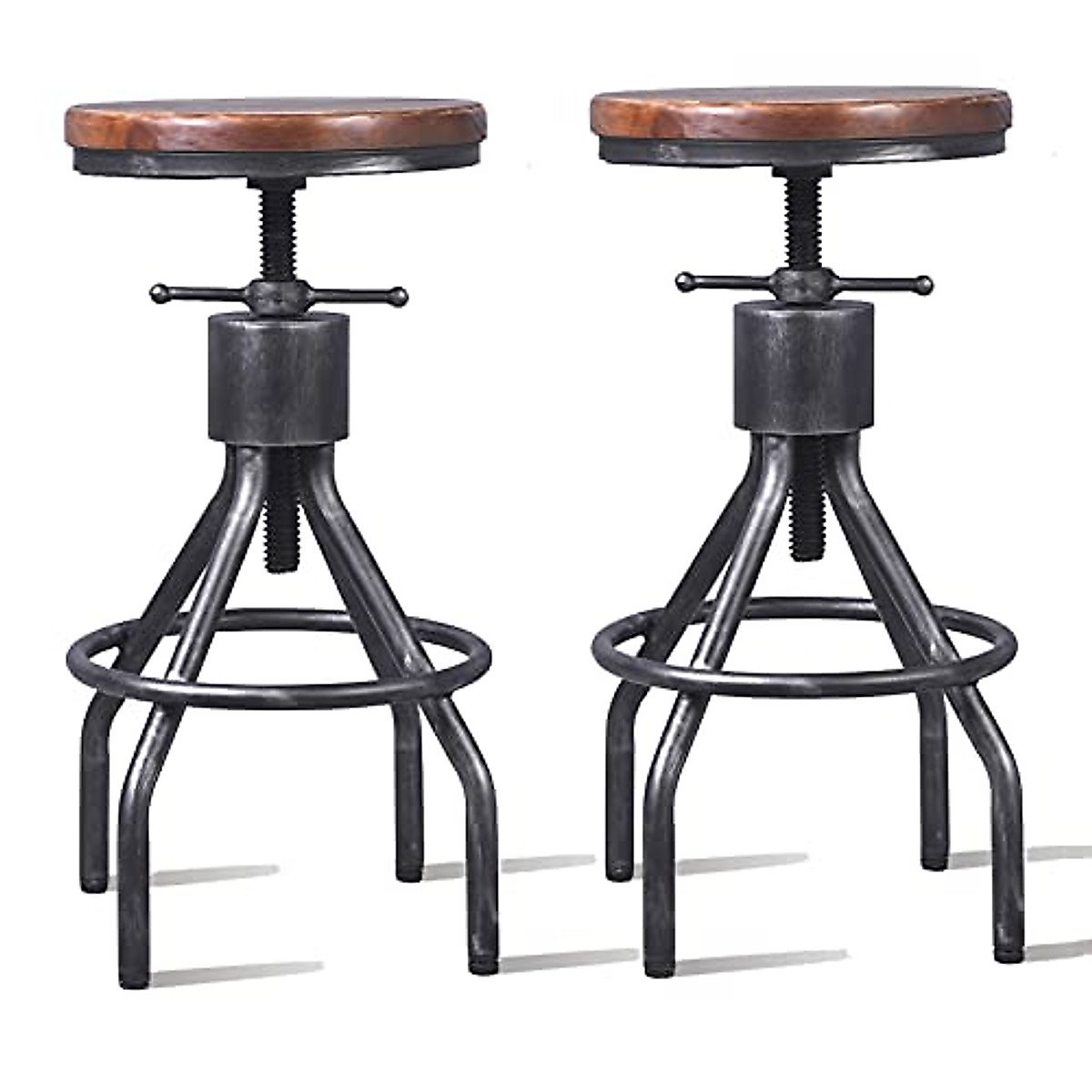 LOKKHAN Set of 2 Industrial Bar Stool-Vintage Adjustable Round Wood Metal Swivel Bar Stool-Cast Iron-23-30 Inch Tall Counter Bar Height Farmhouse Kitchen Stools