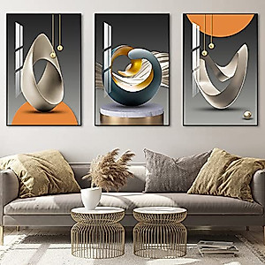 MPLONG Wall Art, Bright Style Framed Wall Art, Abstract Modern Art Shape Pattern White Blue Yellow Grey Wall Art Artfully Matching Living Room Bedroom Office Wall Decor - 24"x 32"x 3 Panels