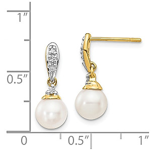 Solid 14k Yellow Gold Diamond and 6-7mm Round FW Cultured Pearl Post Dangle Earrings