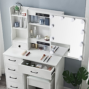 Vanity Set Dressing Table with Makeup Mirror & 10 Light Bulbs, White Vanity Table with Drawers & Cushioned Stool for Bedroom Modern (H3056)