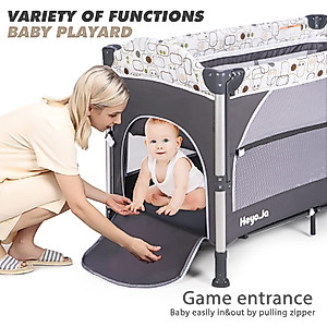 Heyo.Ja Double Layer Baby Portable Playard, 5 Height Adjustable Crib,Changing Table, Foldable Bassinet Bed with Luxury Mosquito Net,Toys Bag,Wheels & Brake, Game Entrance for Boys Girls(Grey)