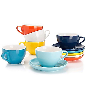 Sweese 6 Ounce Cappuccino Cups with Saucers, Porcelain Double Espresso Cups Set of 6 - Hot Assorted Colors