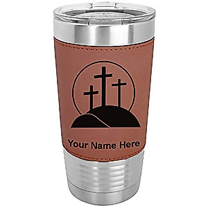 LaserGram 20oz Vacuum Insulated Tumbler Mug, Calvary Cross, Personalized Engraving Included (Faux Leather, Dark Brown)