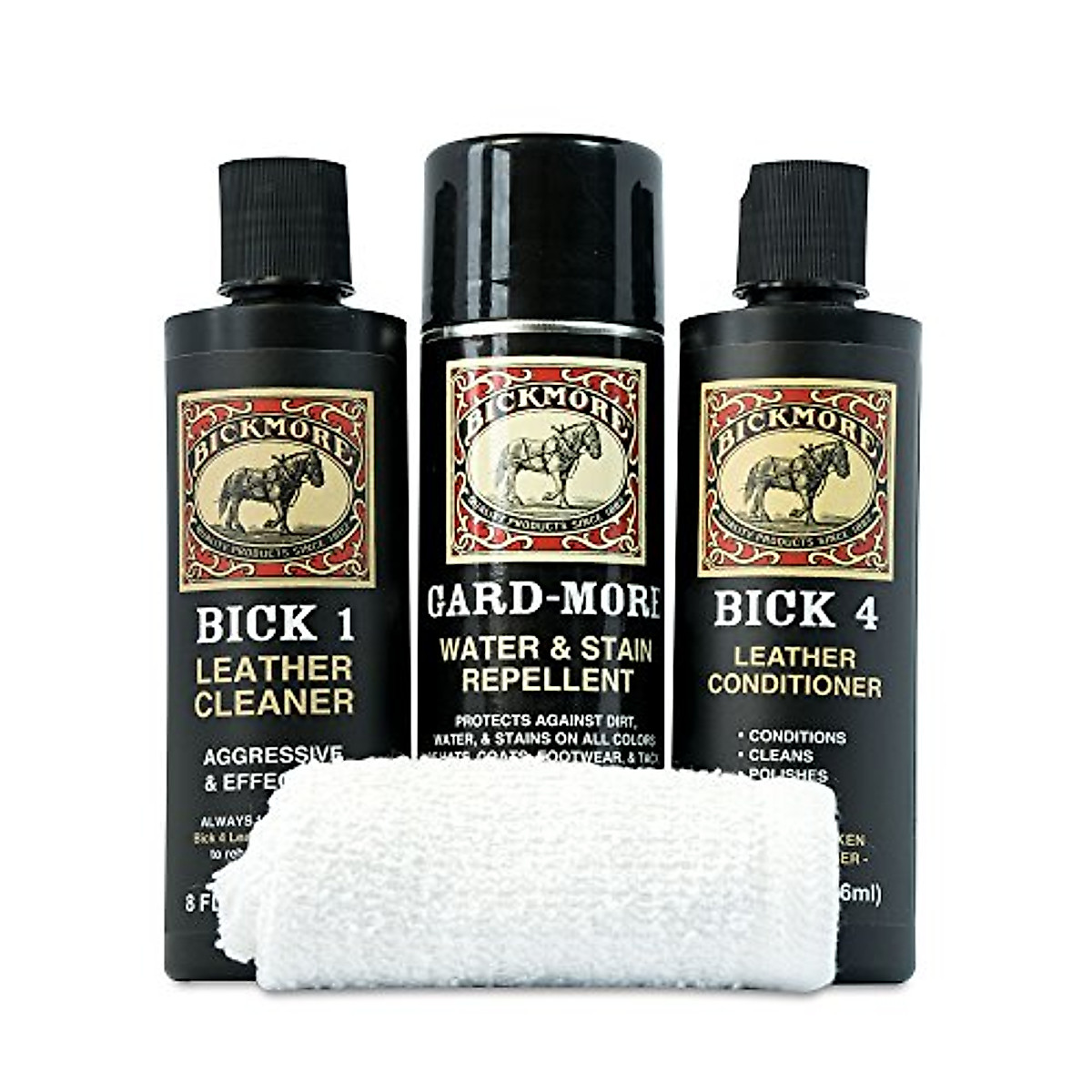 Bickmore Boot Care Kit - Bick 1 Bick 4 & Gard-More - Leather Lotion Cleaner Conditioner & Protector - for Cleaning Softening and Protecting Boots Shoes Handbags Purses Jackets and More