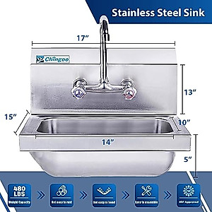 Chingoo Stainless Steel Sink with Faucet,Commercial Wall Mount Hand Basin for Washing for Restaurant, Kitchen and Home, 17 x 15 Inches