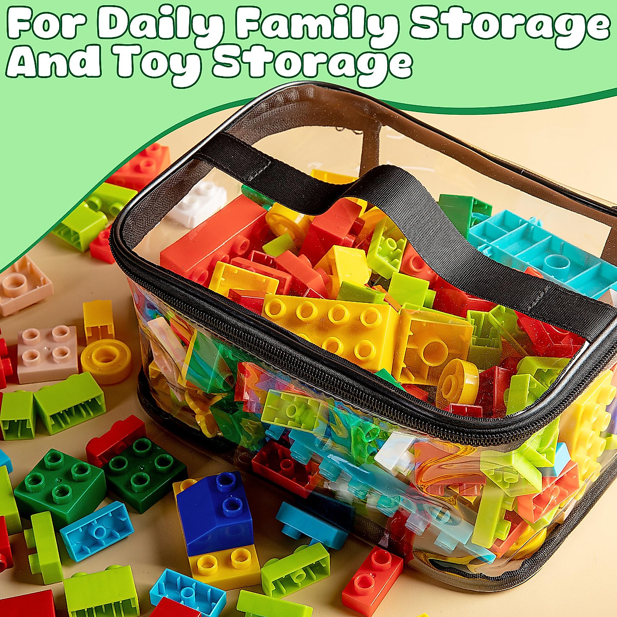 4 Packs Clear Toy Storage Bags- 9.4 x 6.7 x 4.3 Inch Transparent PVC Toy Organizing Bags with Zipper- Waterproof Toy Storage Organizer Pouch for Building Blocks, Small Toys (Black)