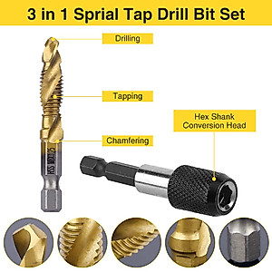 Drill Tap Bit Set, 3 in 1 Thread Tapping Drill Bit with Box, Hex Shank High Speed Steel Twist Drill Tapping Tool with Quick Change Adaptor, 13pcs