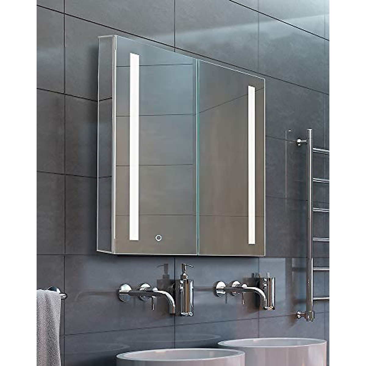 Fine Fixtures Bathroom Medicine Cabinet, Aluminum, Recessed/Surface Mount, 24" x 30", 2 Door, Mirrored w/ 2 LED Strips