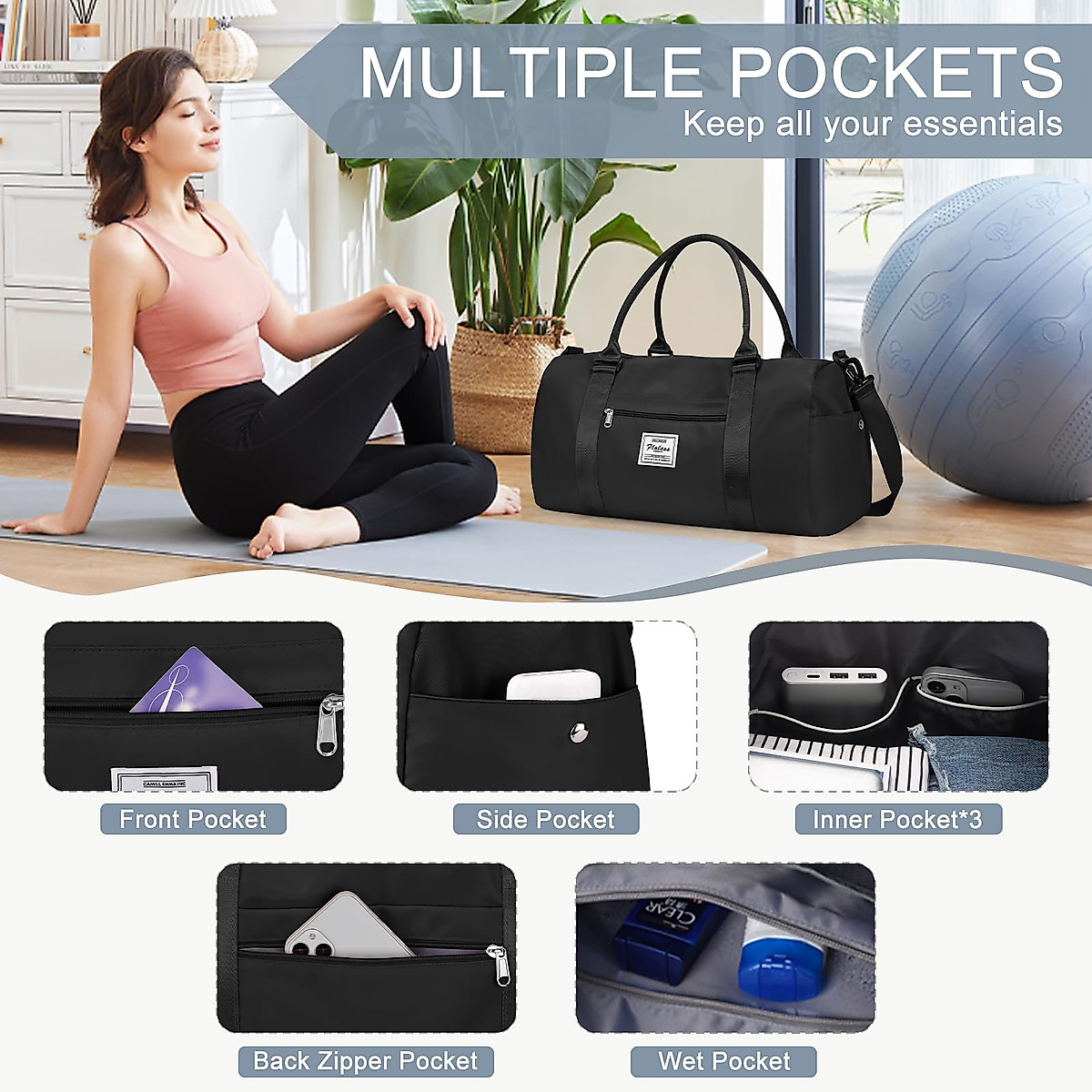 Gym Bag for Women Men with Shoes Compartment Sports Duffle Bag Personal item travel Duffel Bags Tote Bag Small Carry on Weekender Overnight Bag Workout Dance Bag Hospital Holdalls Black